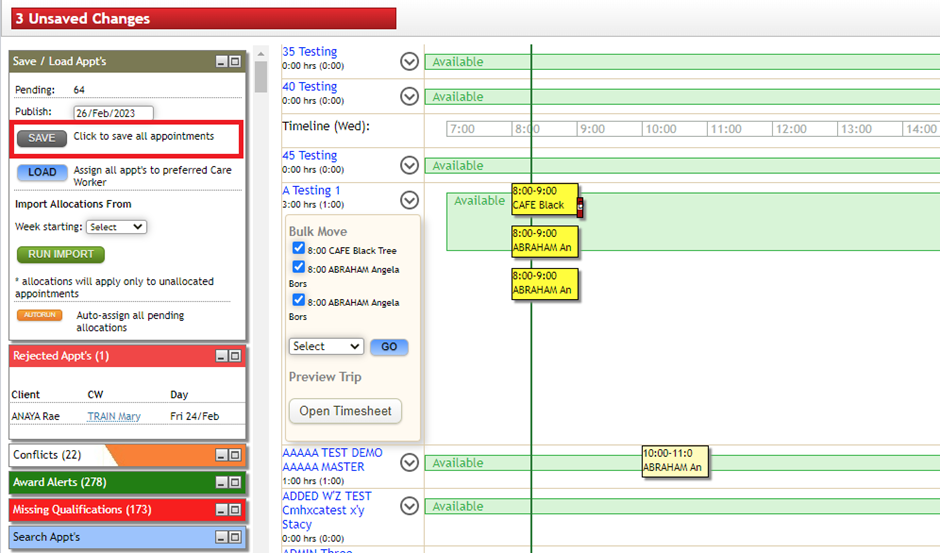 Daily Roster View - Using Bulk Move Function – TurnPoint Knowledge Base